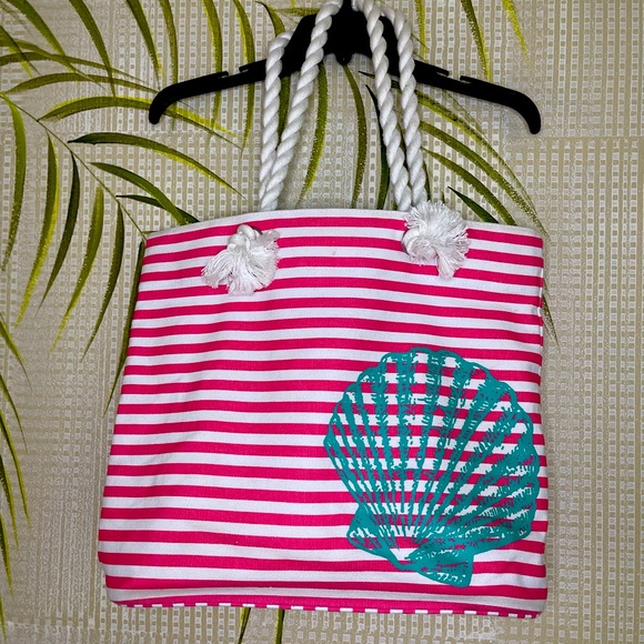 Bags | Pink White Striped Green Shell Beach Tote Bag | Poshmark